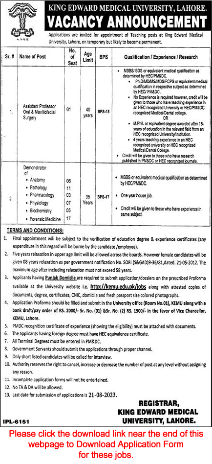 King Edward Medical University Lahore Jobs August 2023 Application Form